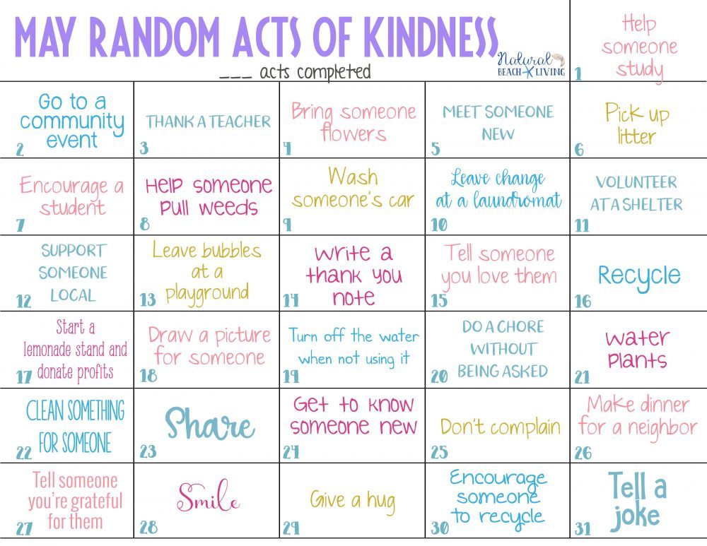 May Random Acts of Kindness Calendar - Natural Beach Living
